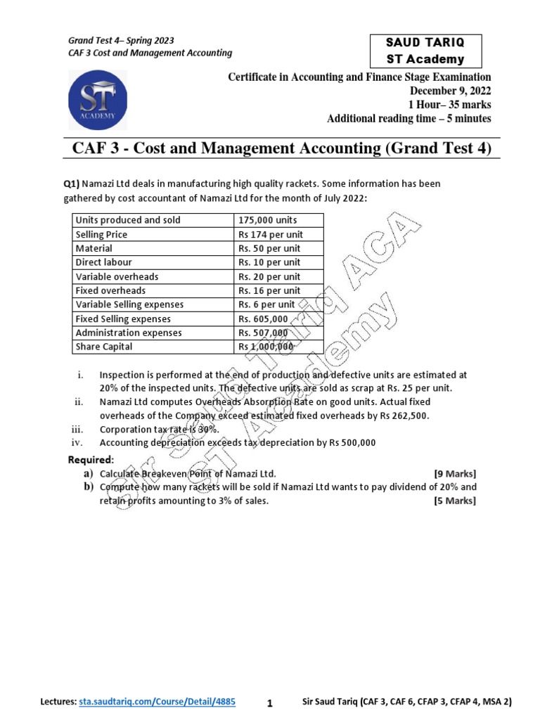 CAF 3 CMA Grand Test 4 With Solution S23 ST Academy | PDF ...