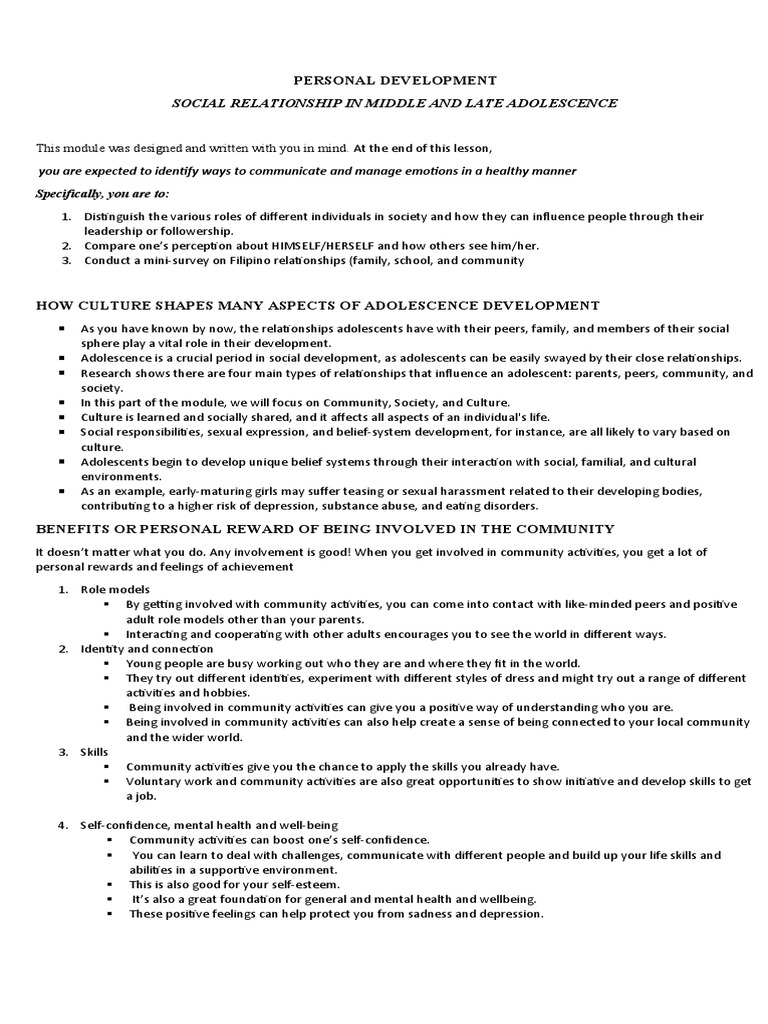 Social Relationship in Middle and Late Adolescence Handout | PDF ...