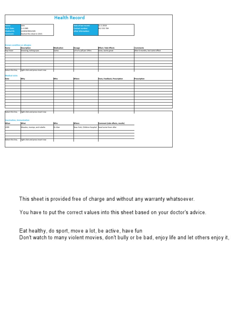 Personal Health Record Excel Template | PDF | Wellness