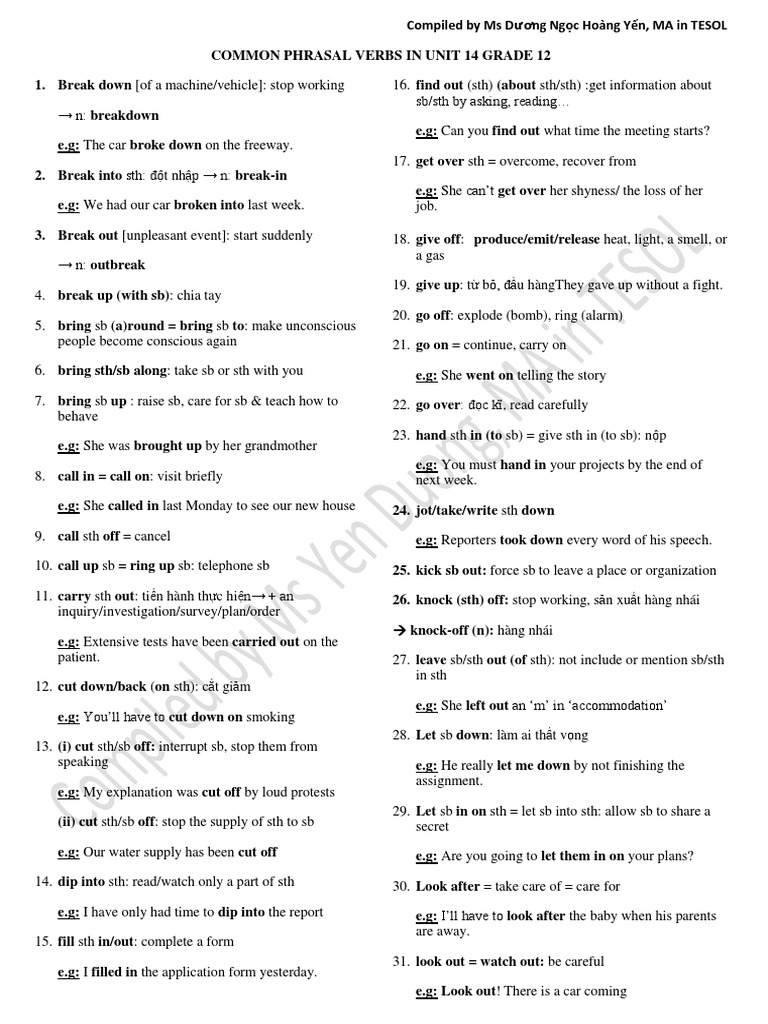 Common Phrasal Verbs in Unit 14 15 Kem BT Grade 12 | PDF ...