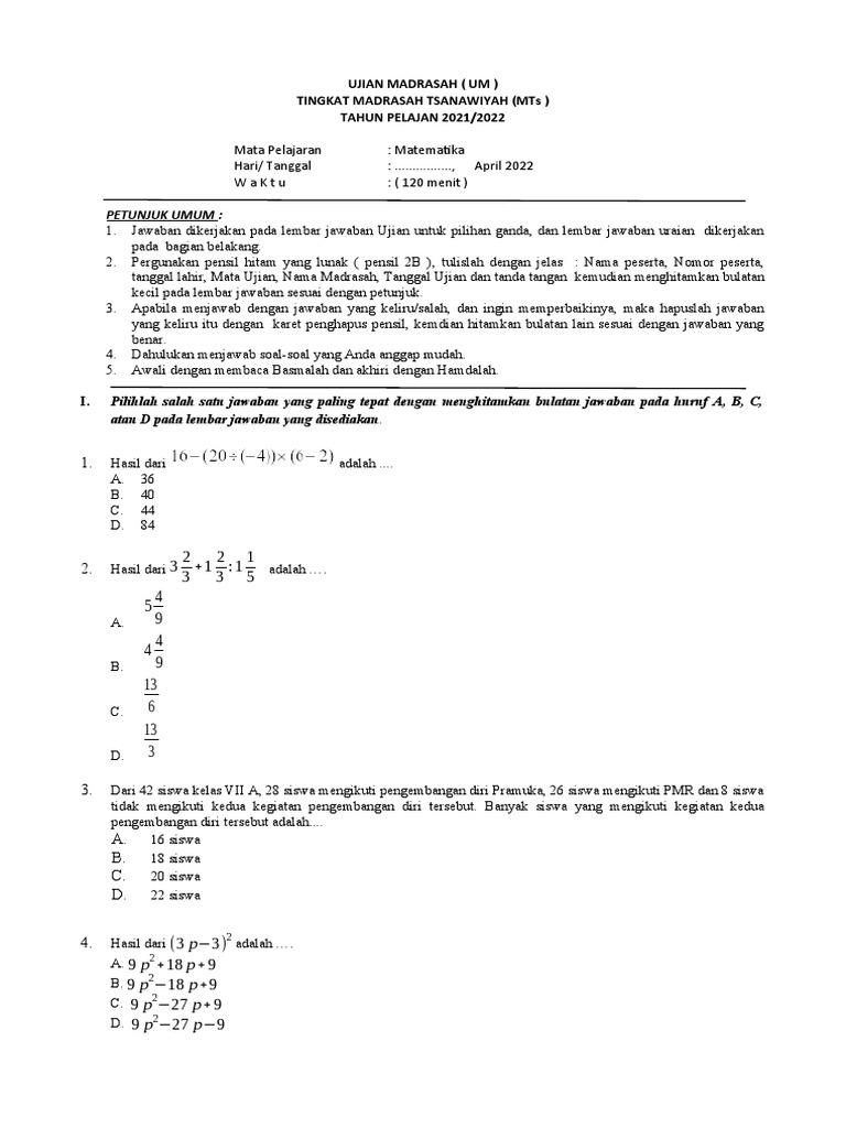 MTK - Soal Um 2020-2021 | PDF