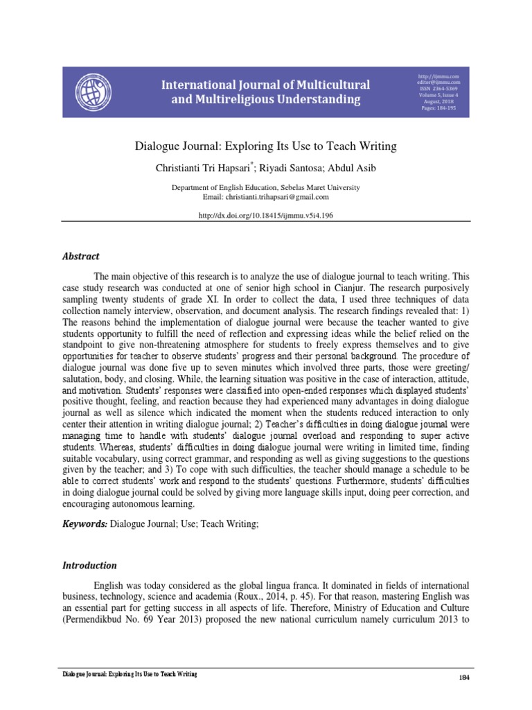 Dialogue Journal Exploring Its Use To Teach Writin | PDF | Teachers | Data
