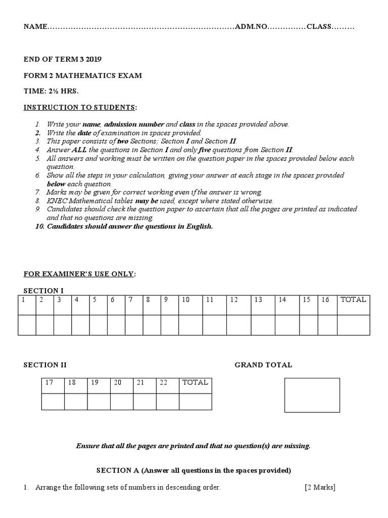 Form 2 Mathematics Exam Paper 2019 | PDF | Area | Triangle
