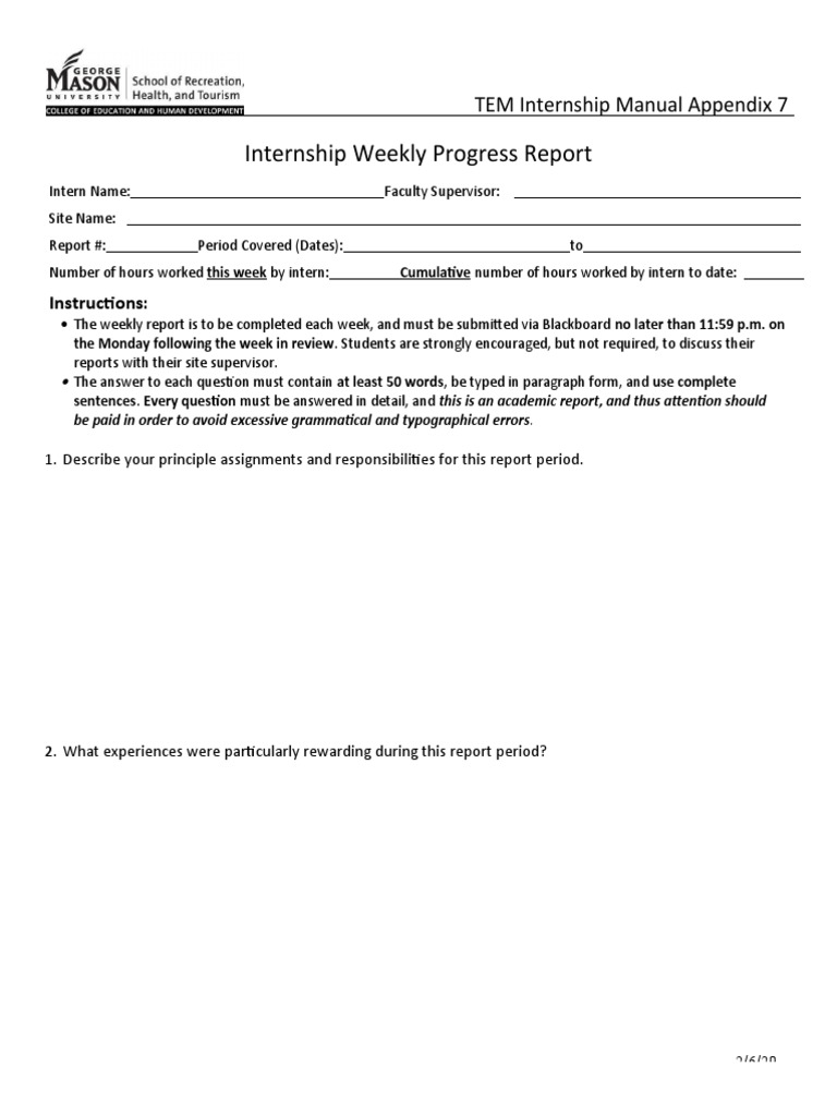 Internship Weekly Progress Report Template | PDF | Career & Growth ...