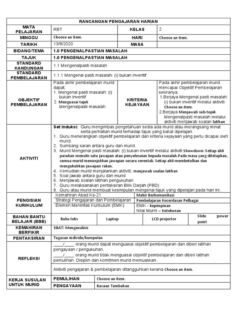 RPH RBT Tingkatan 2 | PDF