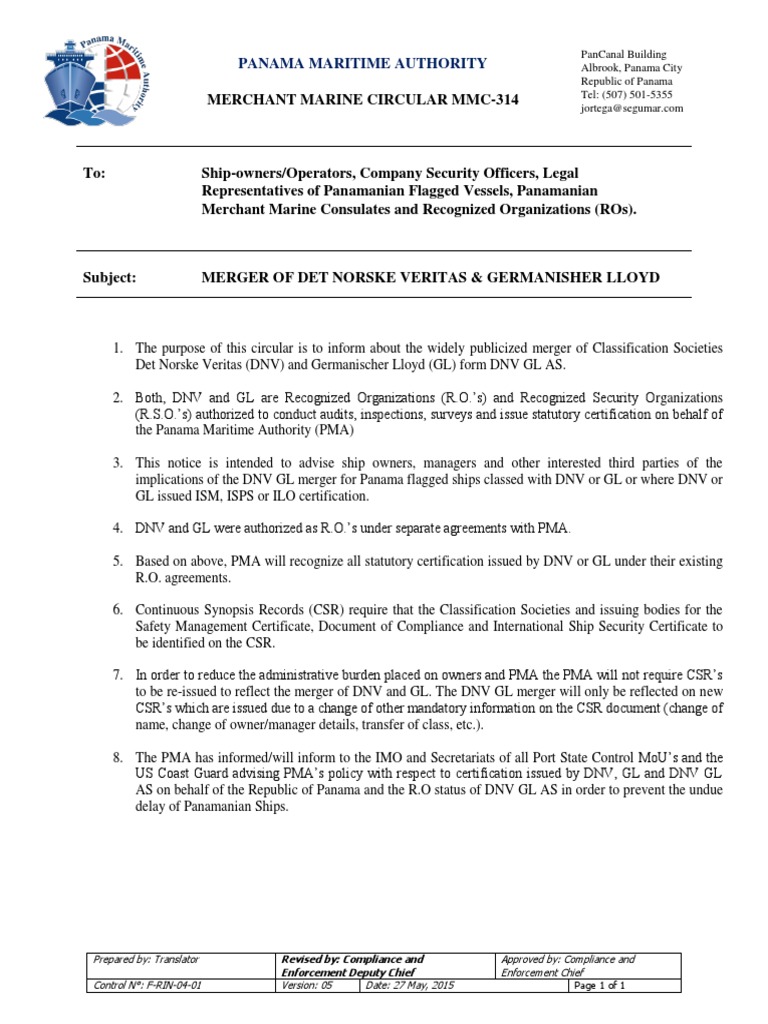 Pananma Circular MMC 314 (DNV GL) | PDF | Oceans | Shipping