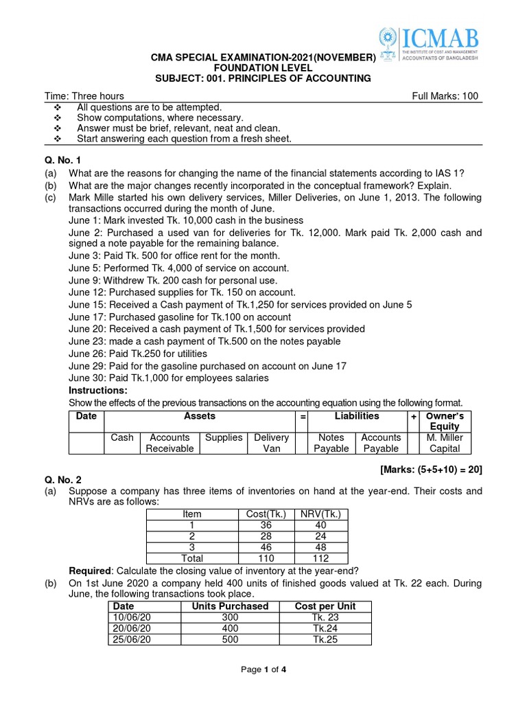 2021-11 ICMAB FL 001 PAC Year Question CMA Special Examination November 2021 | PDF