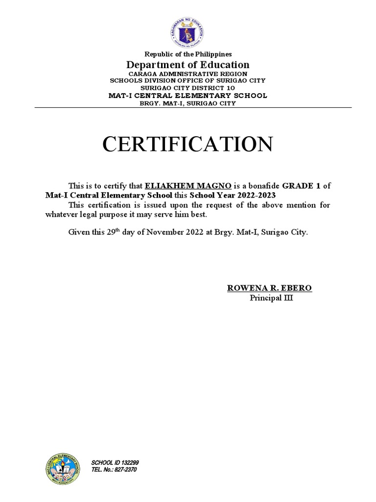 Certification of Enrollment - Mat-I School | PDF | Philippines | Government