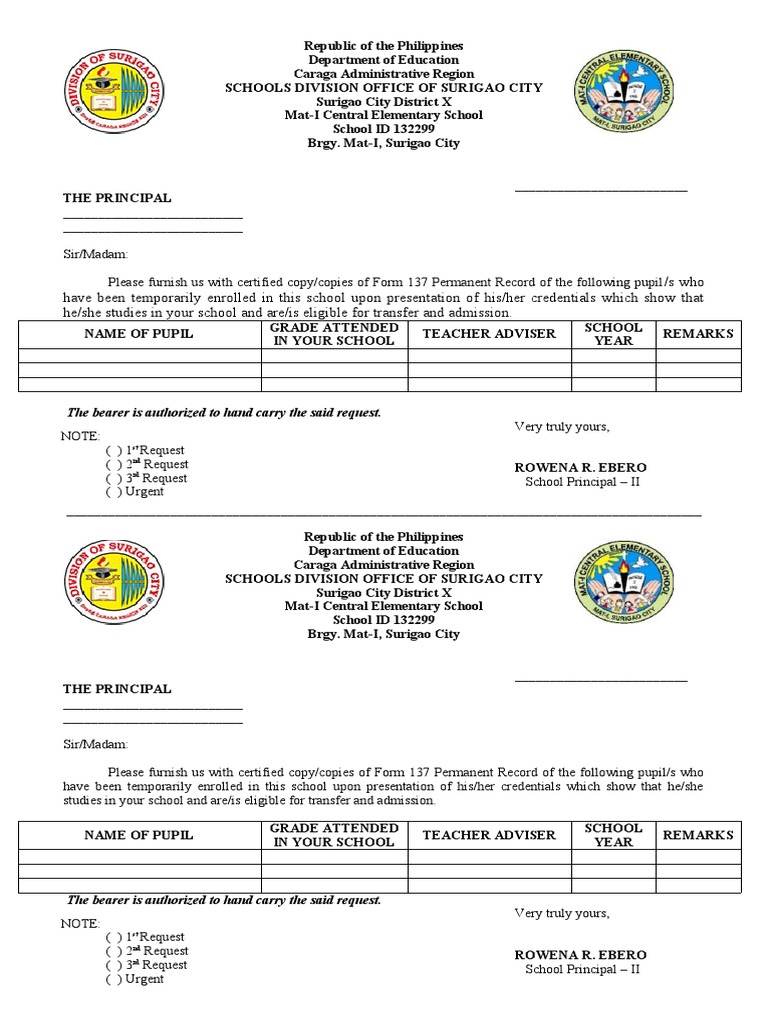 Request for Form 137 Copies | PDF