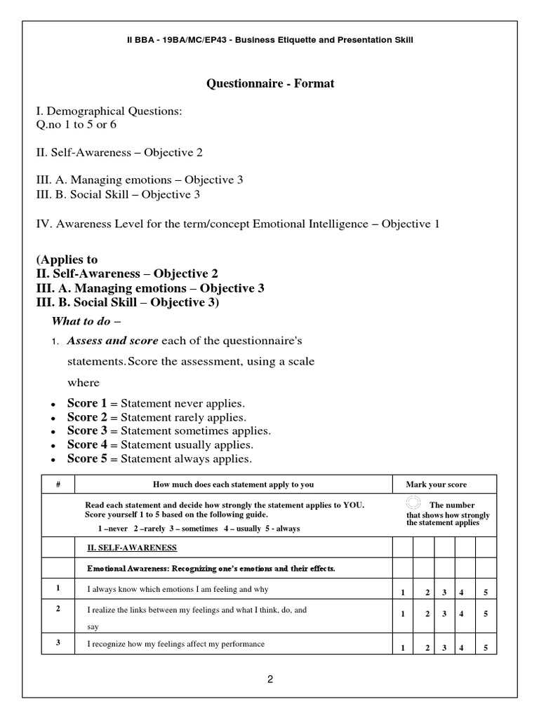 Emotional - Intelligence - Questionnaire - II BBA | PDF | Self ...