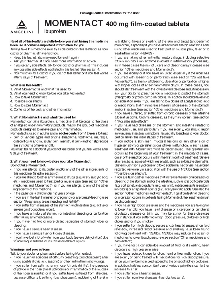 Momentact: 400 MG Fi Lm-Coated Tablets | PDF | Nonsteroidal Anti ...