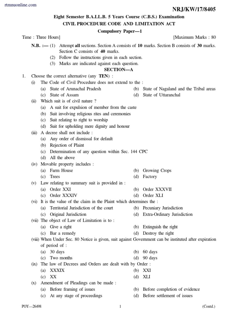 Ballb 8 Sem Civil Procedure Code and Limitation Act Paper 1 Winter 2017 ...