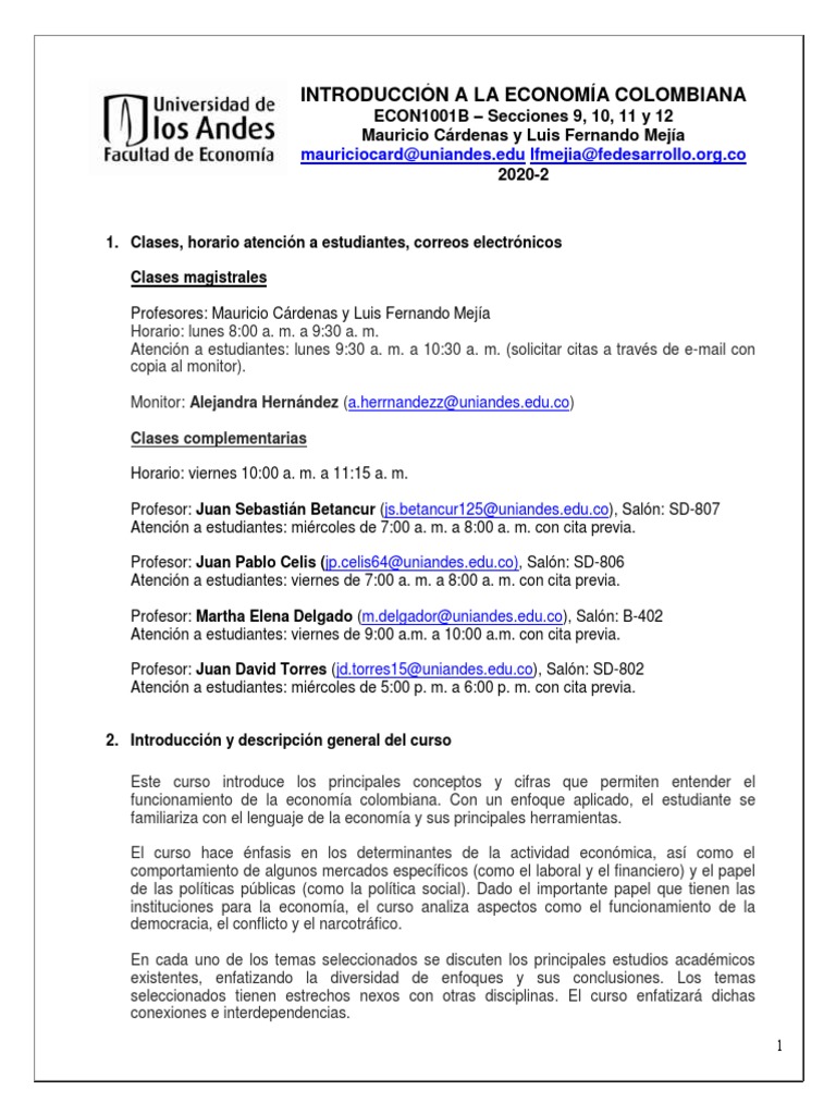 ECON 1001 Introduccion A La Economia Colombiana 2020 20 Mauricio Cardenas y Luis Fernando Mejia ...