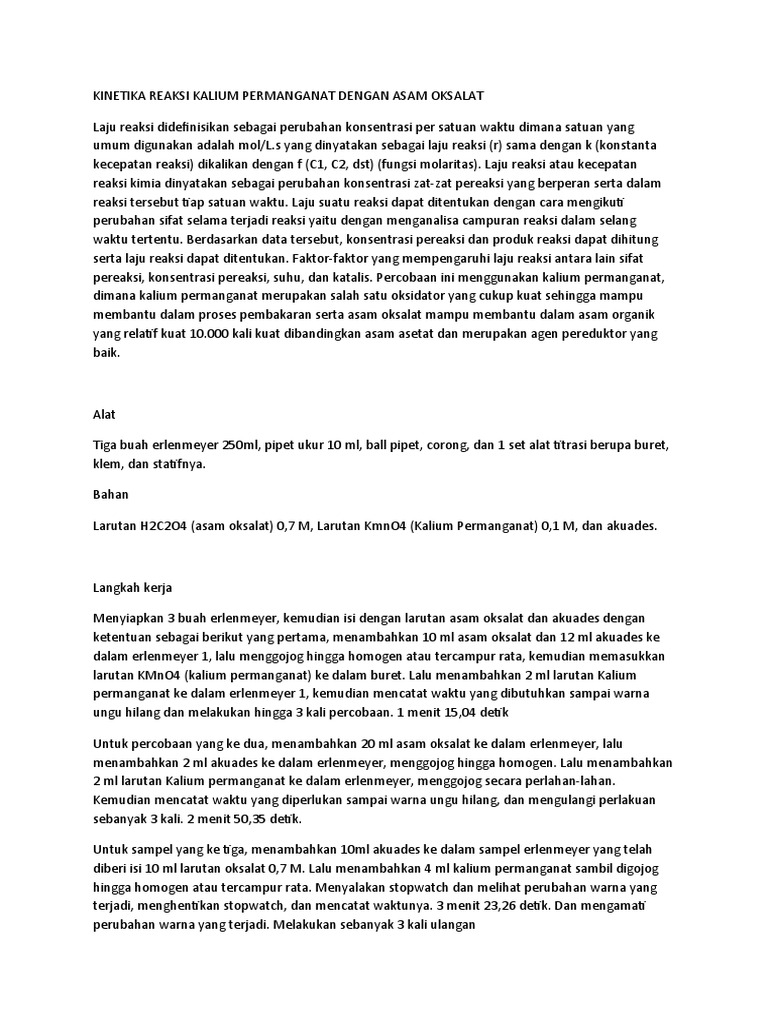 Kinetika Reaksi Kalium Permanganat Dengan Asam Oksalat | PDF
