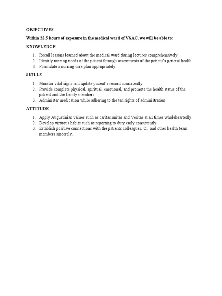 Objectives - Medical Ward | PDF | Nursing | Clinical Medicine