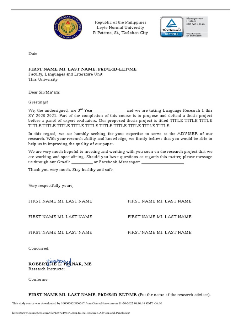 Letter To The Research Adviser and Panel | PDF | Thesis