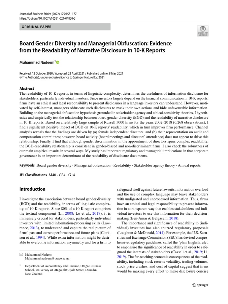 Board Gender Diversity and Managerial Obfuscation: Evidence From The Readability of Narrative ...