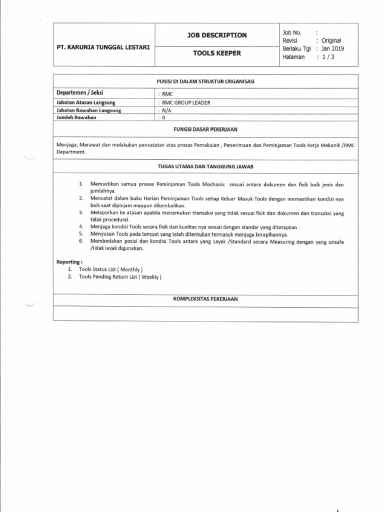 Deskripsi Pekerjaan Tool Keeper | PDF