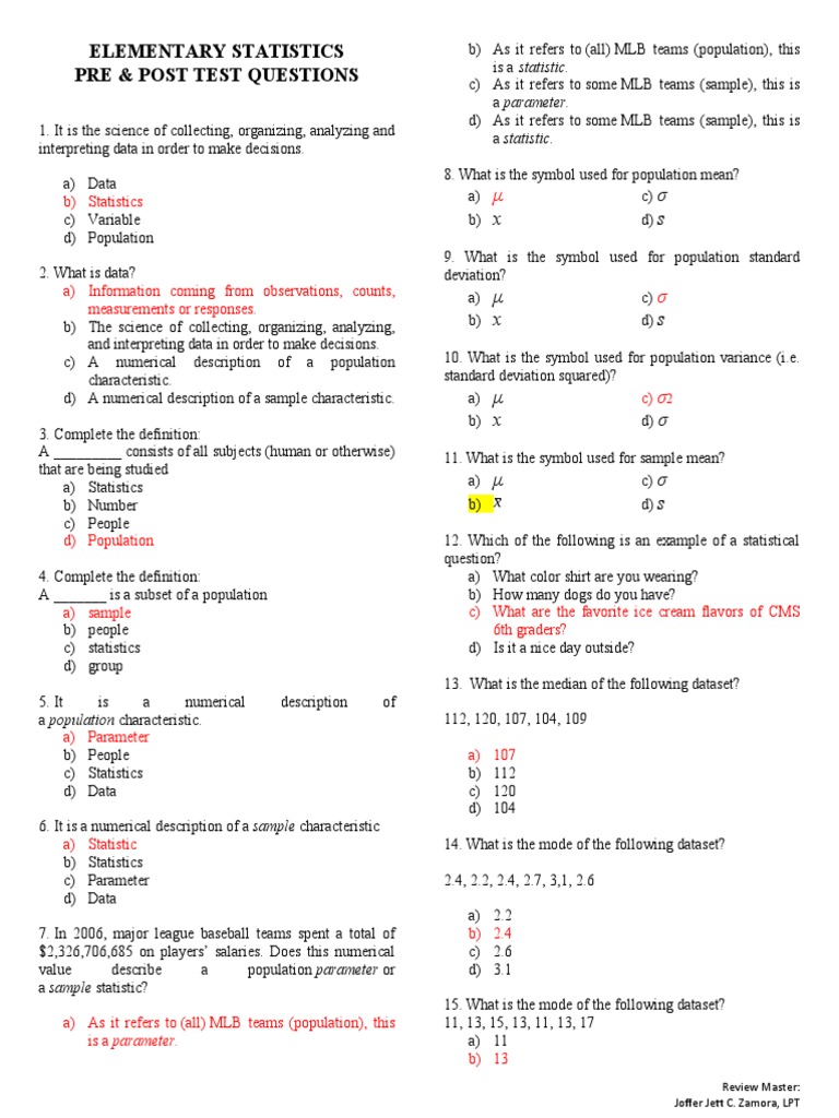 Statistics Test Questions With Answer Key | PDF | Statistics ...