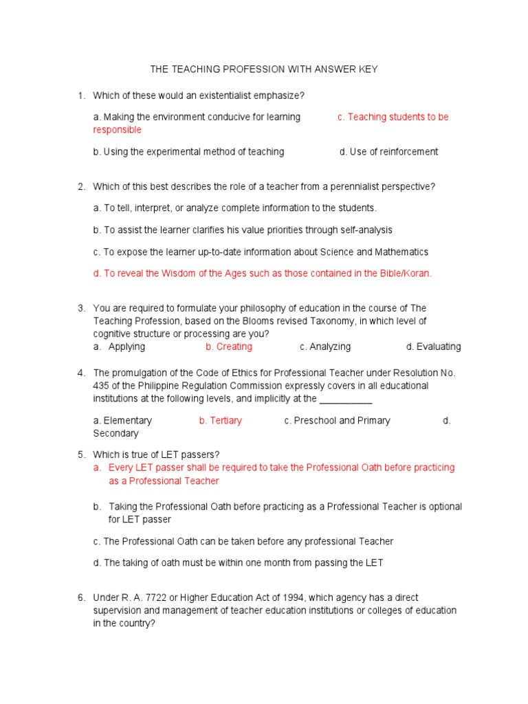 Teaching Profession Exam with Answers | PDF | Teachers | Learning