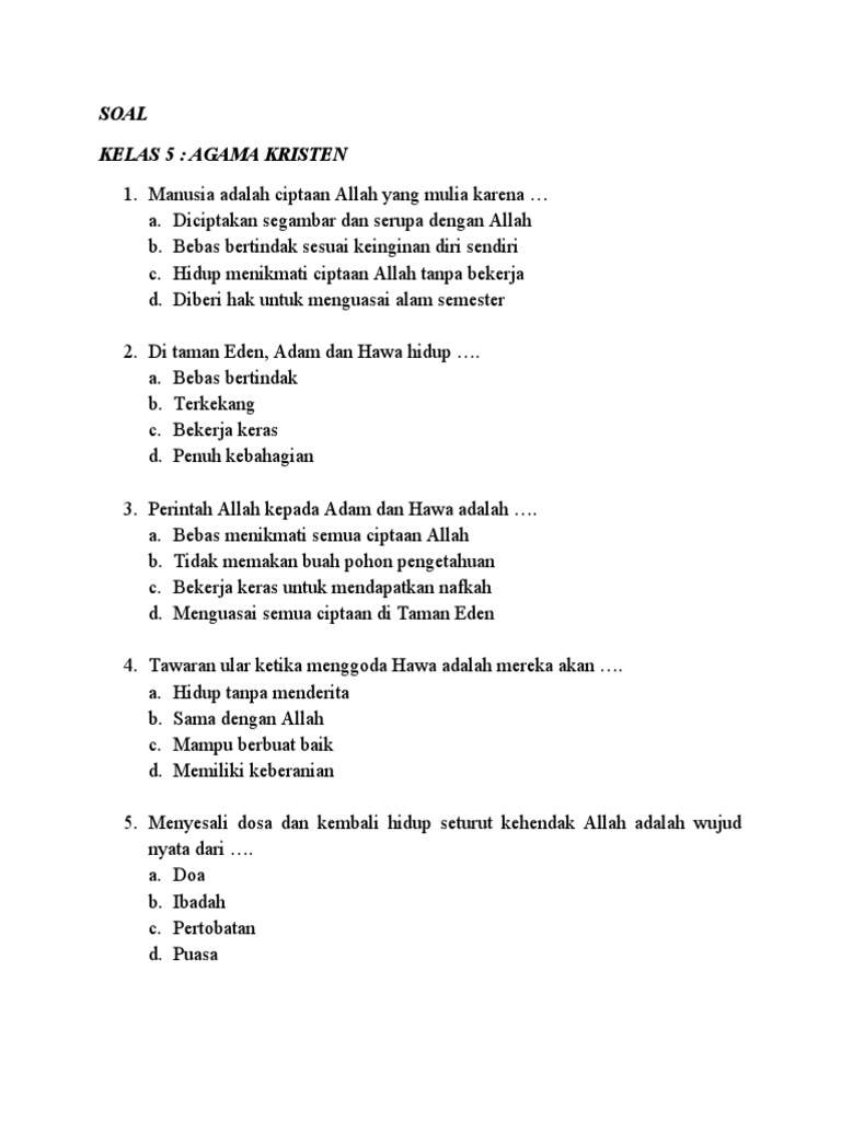 Soal Kelas 5 Agama Kristen | PDF