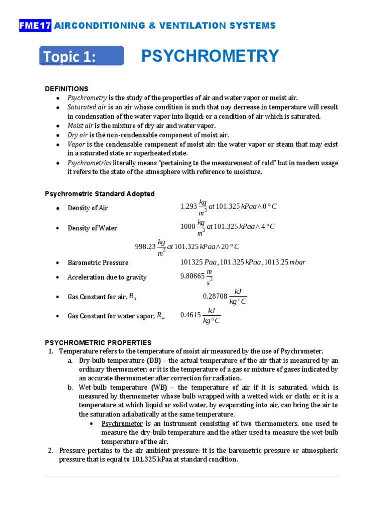 FME17 Lecture Guide 1 Psychrometry | PDF | Humidity | Atmospheric Thermodynamics