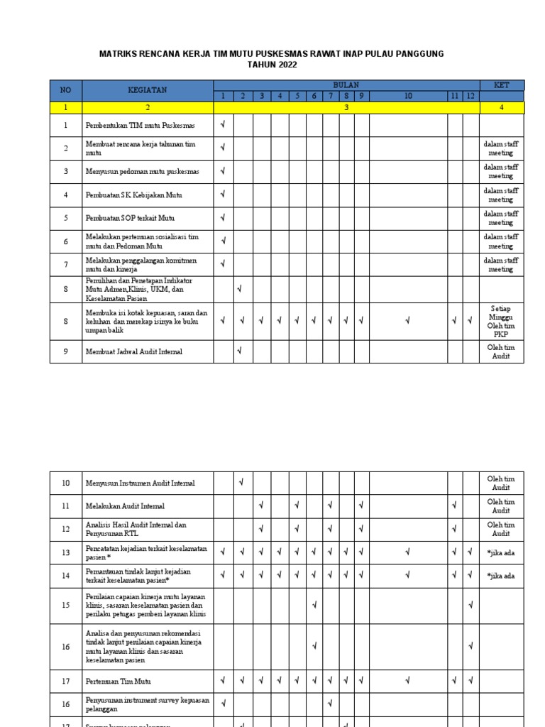 Matriks Rencana Kerja Tim Mutu Puskesmas Rawat Inap Pulau Panggung | PDF