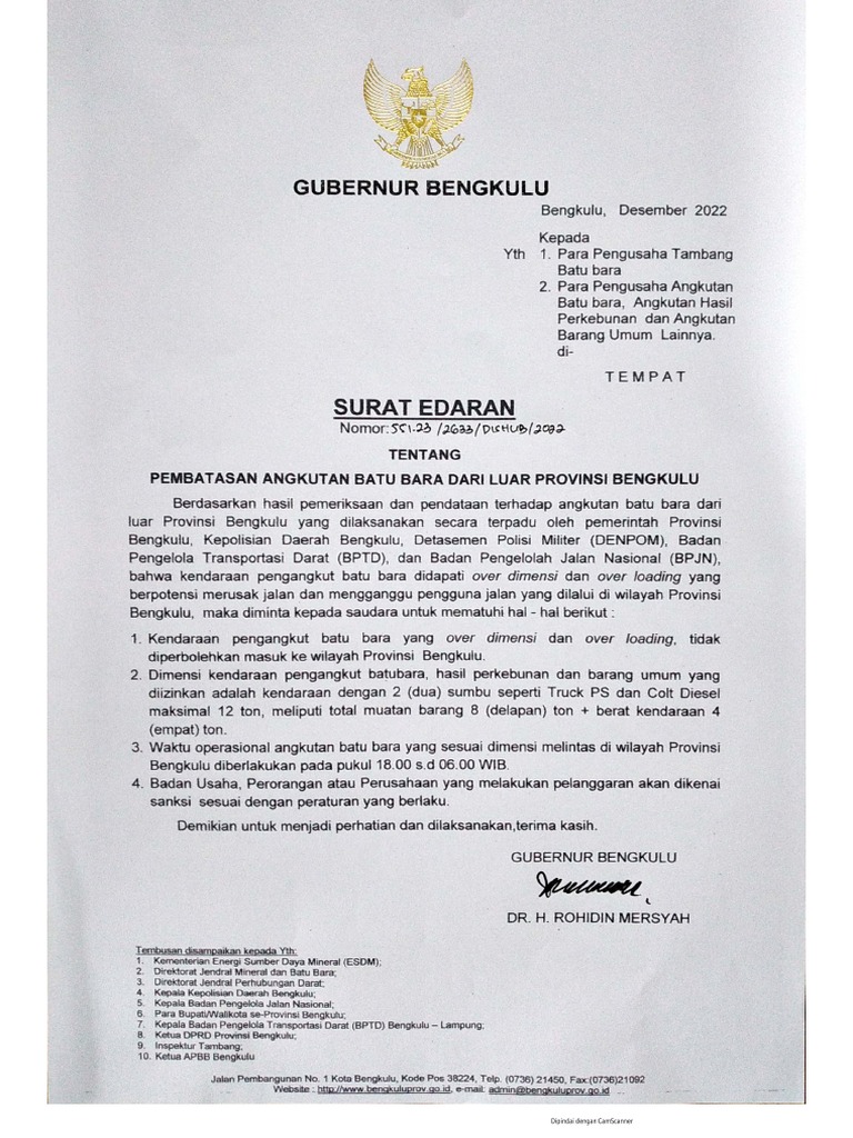 Surat Gub Pembatasan Batubara | PDF