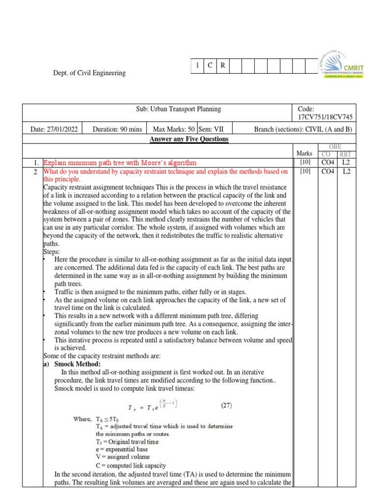 IAT-III Question Paper With Solution of 17CV751 Urban Transport ...