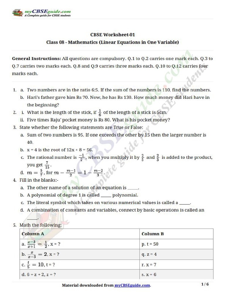 08 Mathematics Worksheet Ch2 1 | PDF