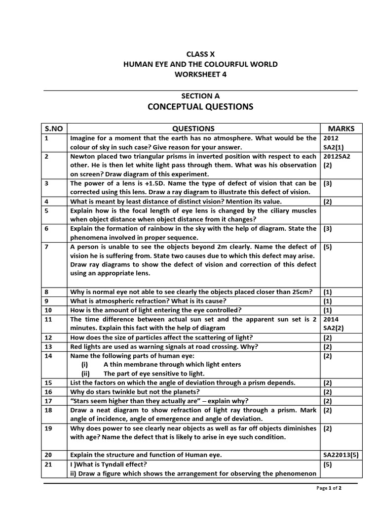 CBSE Class 10 Physics Worksheet - Human Eye Colorful World | PDF | Eye ...