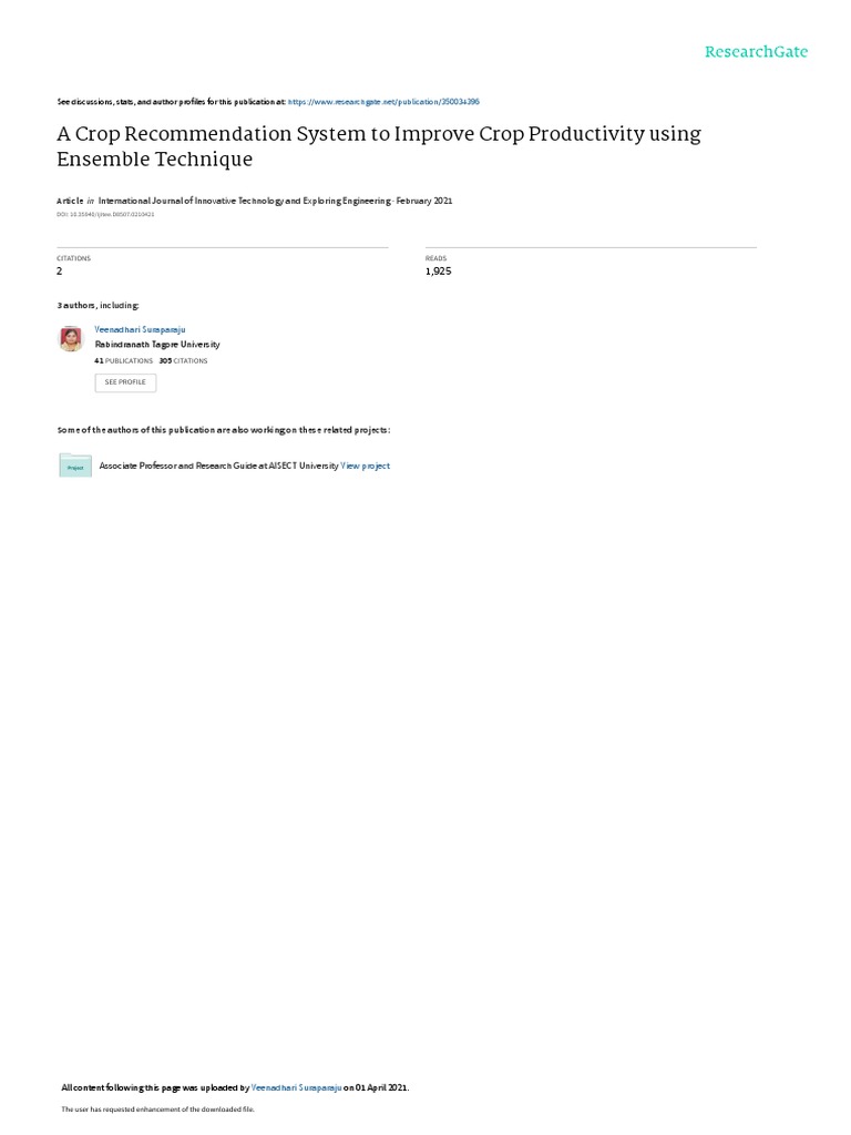 A Crop Recommendation System To Improve Crop Produ | PDF | Regression ...