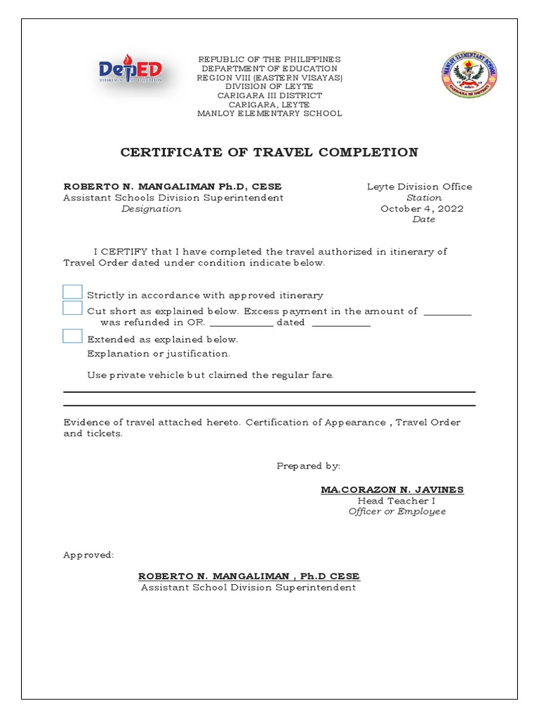 Cert. of Travel | PDF