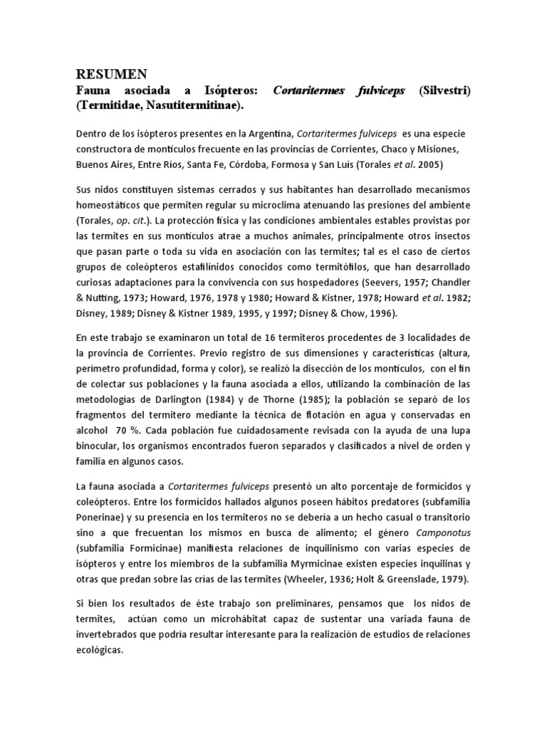 Fauna Asociada A Isópteros: Cortaritermes Fulviceps (Silvestri ...