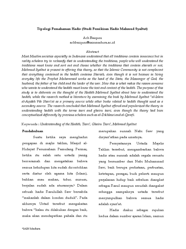 Pemikiran Hadis Mahmud Syaltut | PDF