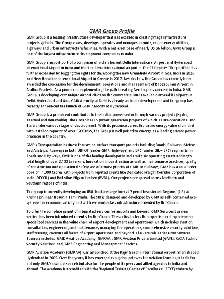 GMR Group Leading Infrastructure Developer | PDF | Economy Of India ...