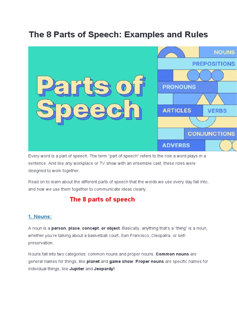 WEEK 1 The 8 Parts of Speech-1 | PDF | Verb | Pronoun