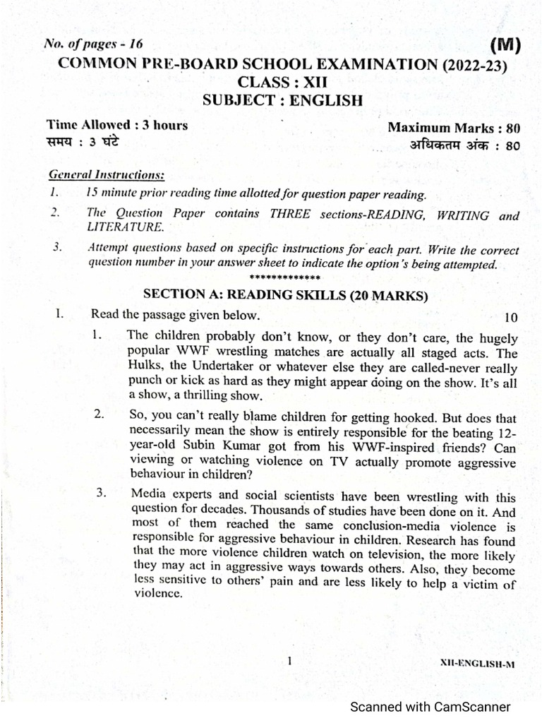 Class 12 English Pre Board | PDF