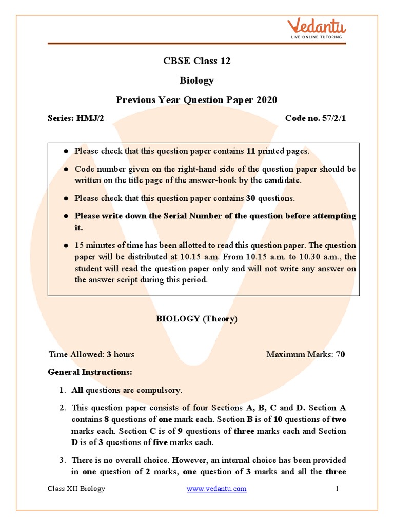 CBSE Class 12 Biology Question Paper 2020 | PDF | Lymphatic System ...