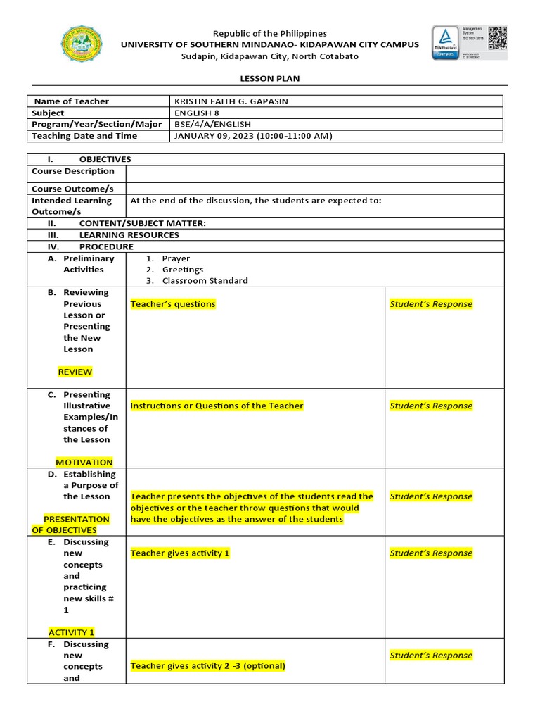 Gapasin LP Monologue | PDF | Teachers | Lesson Plan