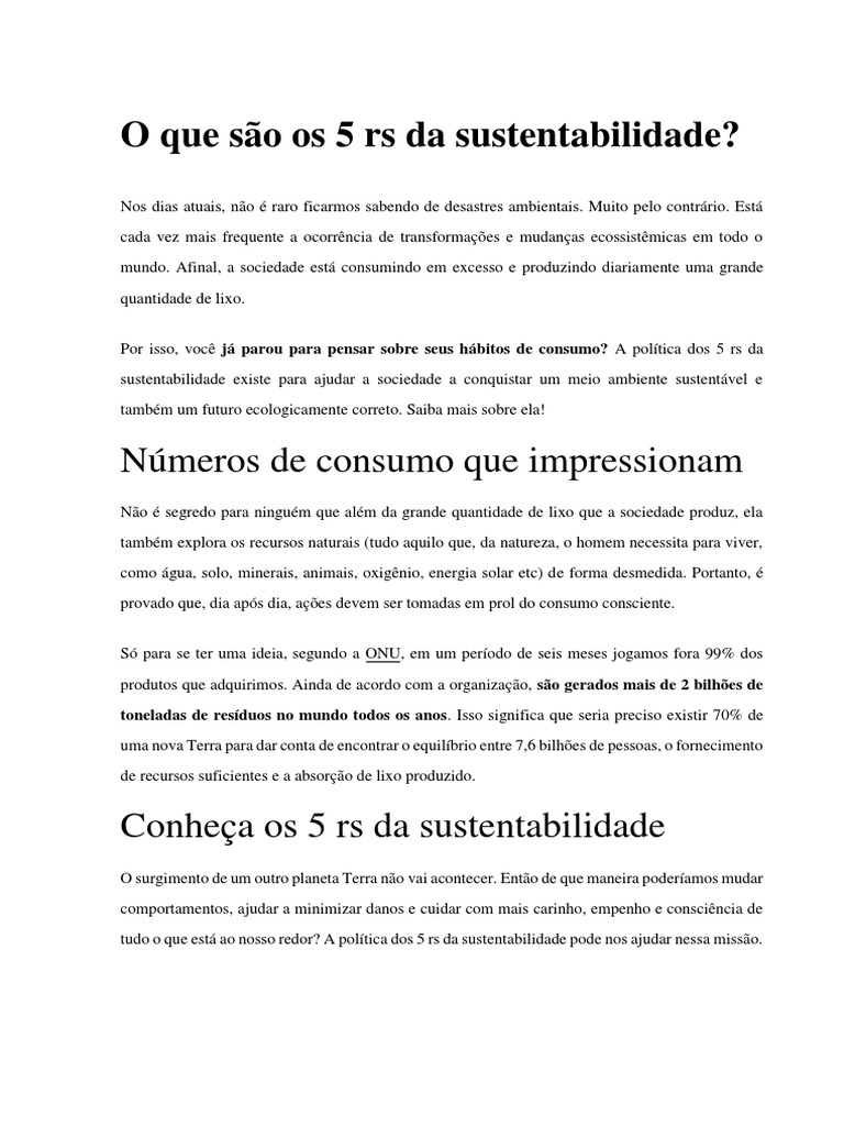 Entenda os 5 Rs da Sustentabilidade | PDF | Reciclagem | Desperdício
