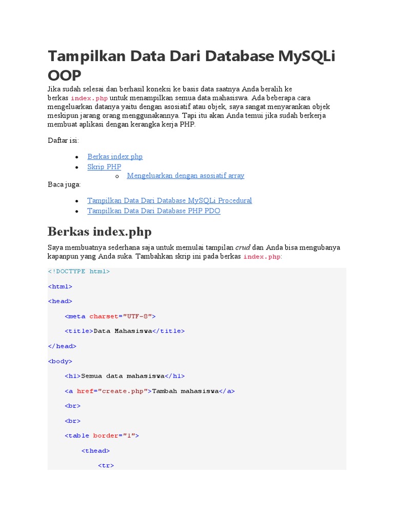 Tampilkan Data Dari Database MySQLi OOP | PDF