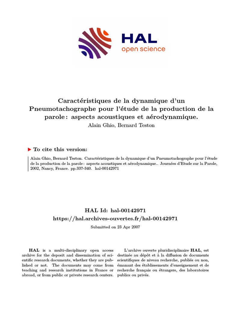 Dynamique du Pneumotachographe Vocal | PDF | Pression | Filtre ...