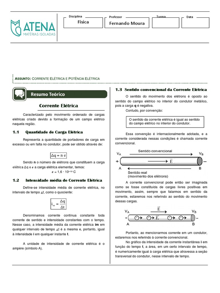 Aula - Corrente Elétrica e Potência Elétrica | PDF | Corrente elétrica | Potência (Física)