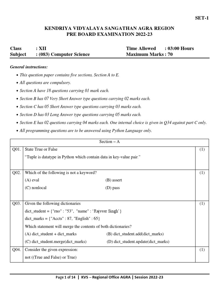Class 12 Cs All KV Region Papers 2022-23 | PDF | Python (Programming Language) | Computer Data