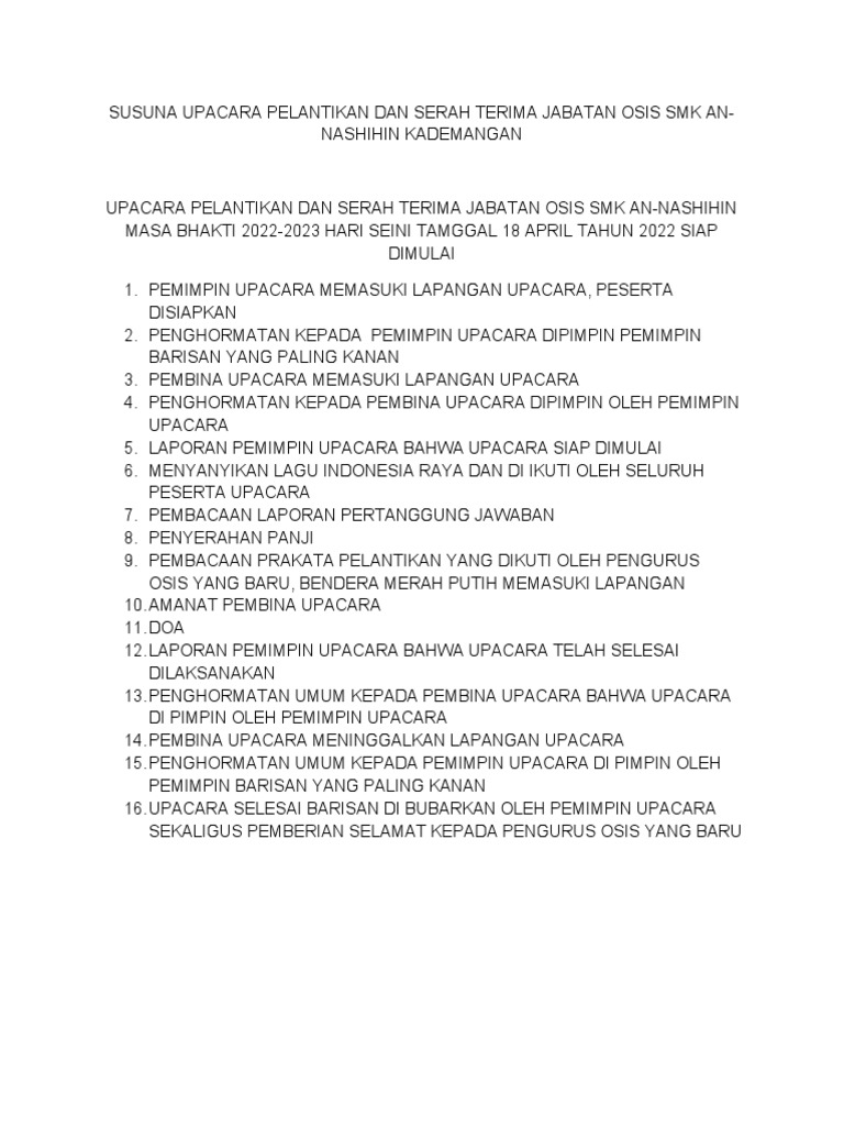 Susuna Upacara Pelantikan Dan Serah Terima Jabatan Osis | PDF