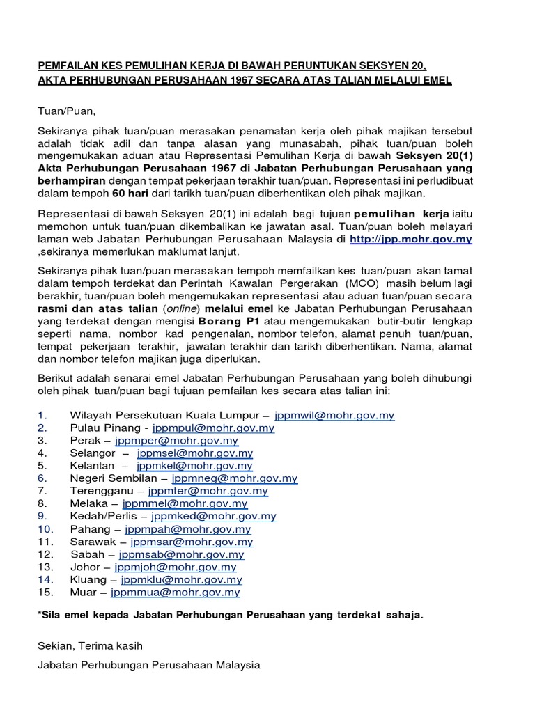 Representasi Pemulihan Kerja - Representation For Reinstatement | PDF