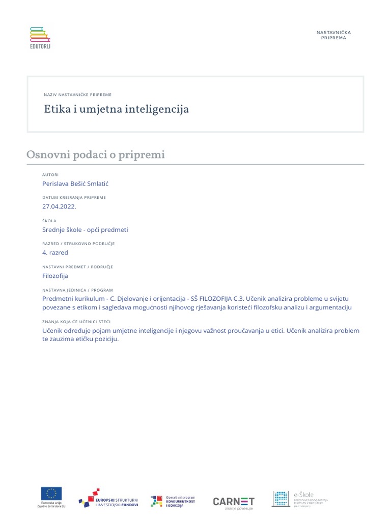 Etika I Umjetna Inteligencija: Osnovni Podaci o Pripremi Osnovni Podaci o Pripremi | PDF