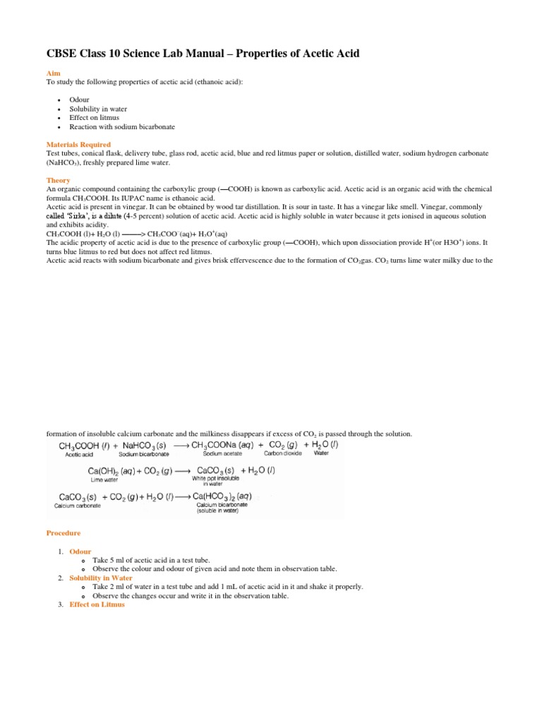 CBSE Class 10 Science Lab Manual - Properties of Acetic Acid | PDF ...