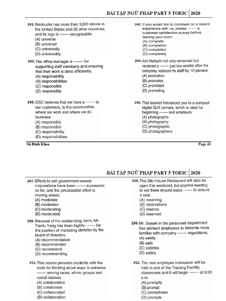 BÀI TẬP NGỮ PHÁP PART 5 TOIEC | PDF